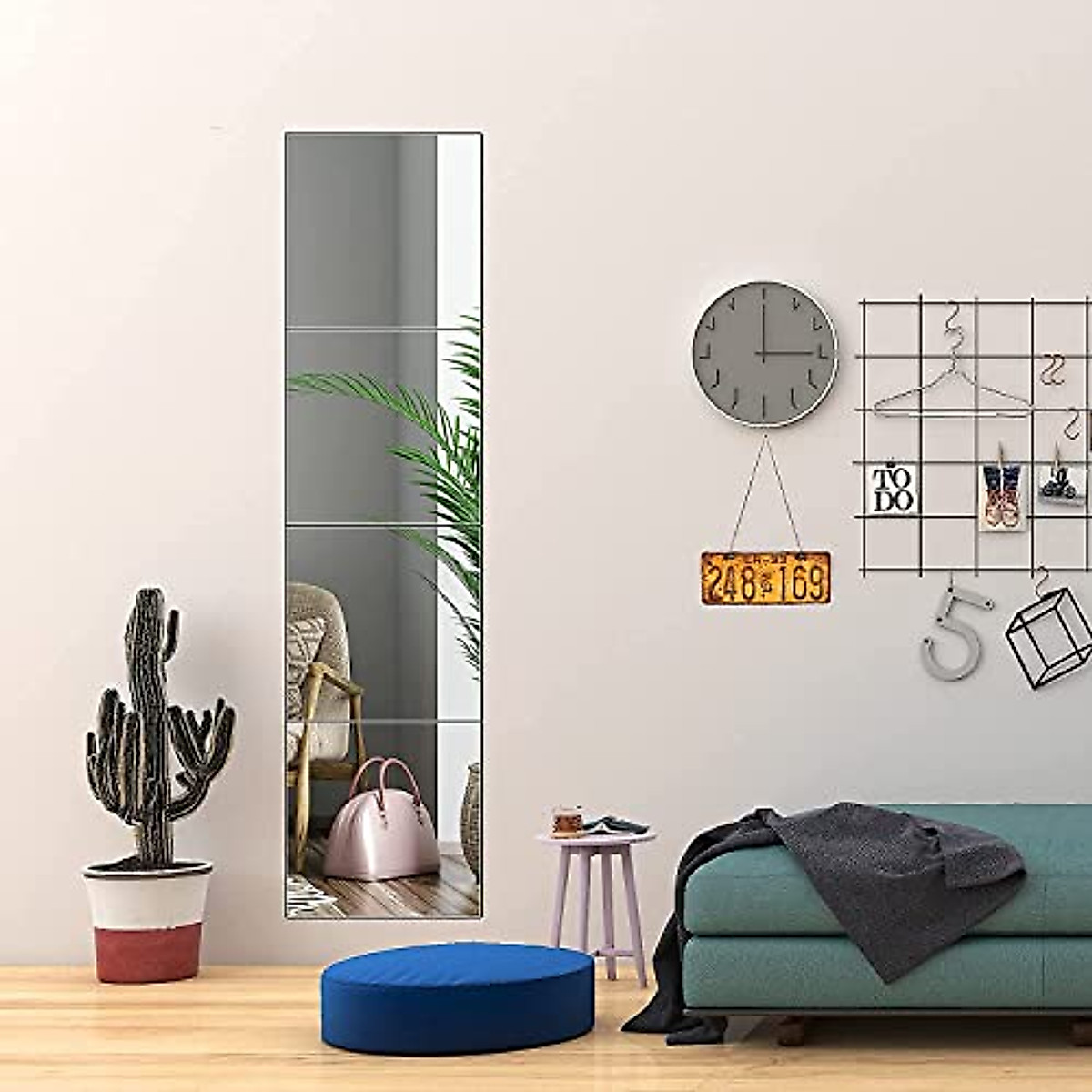 OBIOZZ Bedroom Floor Standing Mirror Full Length Mirror Tiles 11.5 Inch X 4Pcs Frameless Real Wall Mirror Set Make, Perfect for Your Bedroom, Cloakroom, Entry
