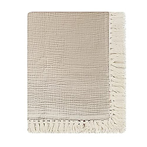 JH-YiSheng Cotton Muslin Baby Blanket with Tassel, Newborn Swaddle Wrap, Cotton Baby Receiving Blanket, Infant Sleeping Quilt Bed Cover, 43"x47" (Khaki)