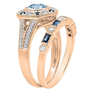 Dazzlingrock Collection 6mm Centre Round Aquamarine with Round White Diamond & Baguette Alternating Blue Sapphire Halo Miligrain Wedding Ring Set for Women in 10K Rose Gold Size 9.5
