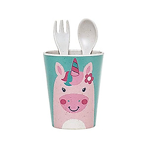 Little Me 5-Pack Bamboo Dinnerware Set - Dishwasher Safe Kids Dishes & Utensils - Unicorn Plate, Bowl, Cup, Spoon & Fork