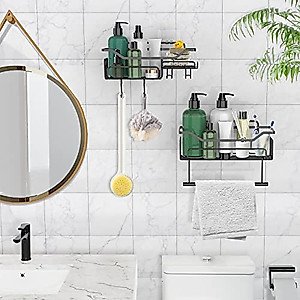 PAGVMIN Shower Caddy Bathroom Shelf, No Drilling Adhesive Bathroom Storage Organizer with Towel Bar and Hooks, Rustproof Shower Shelf Kitchen Storage Basket - 2 Pack, Black