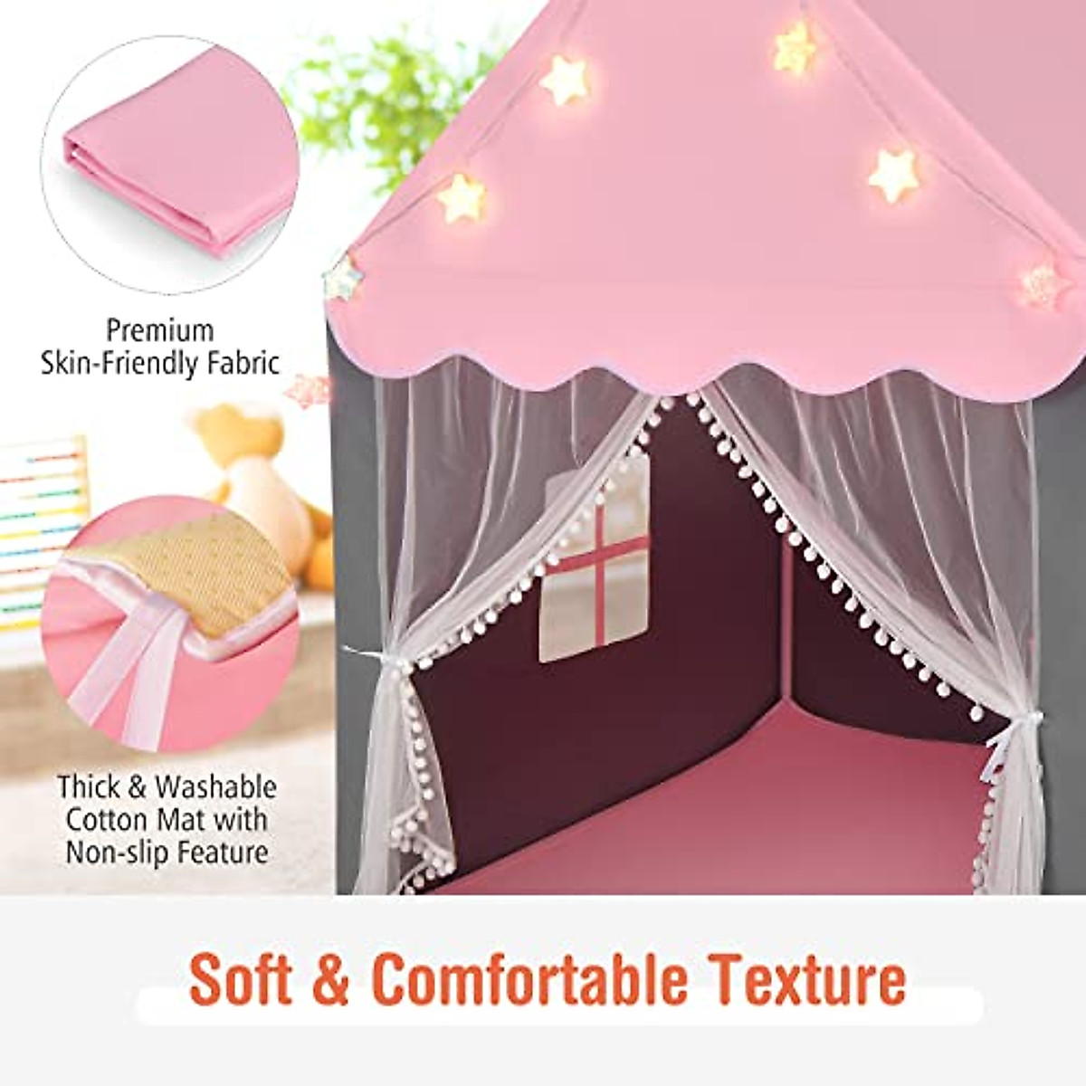 Costzon Kids Play Tent, Playhouse Tent w/Washable Cotton Mat, Star String Lights, Windows, Bottom Zippers, Large Indoor & Outdoor Castle Fairy Tent, Easy Assembly, Gifts for Boys & Girls (Pink)