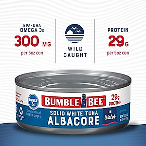 Bumble Bee Solid White Albacore Tuna in Water, 5 oz Can (Pack of 48) - Wild Caught Tuna - 29g Protein per Serving, High in Omega-3s - Non-GMO Project Verified, Gluten Free, Kosher