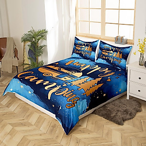 Castle Fairy Happy Camping Queen Size Duvet Cover for Teens Youth,Starry Galaxy Dreaming Comforter Cover with 2 Pillow Shams,Gold RV Trailer Painting Bedding Set Ultra Soft Microfiber Breathable