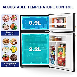JOY Kitchen JR31TBKE10 2-Door Mini Fridge with Freezer Adjustable Thermostat, Low Noise, Energy-Efficient, Compact Refrigerator for Dorm, Office, Bedroom, 3.1 Cu Ft, Black