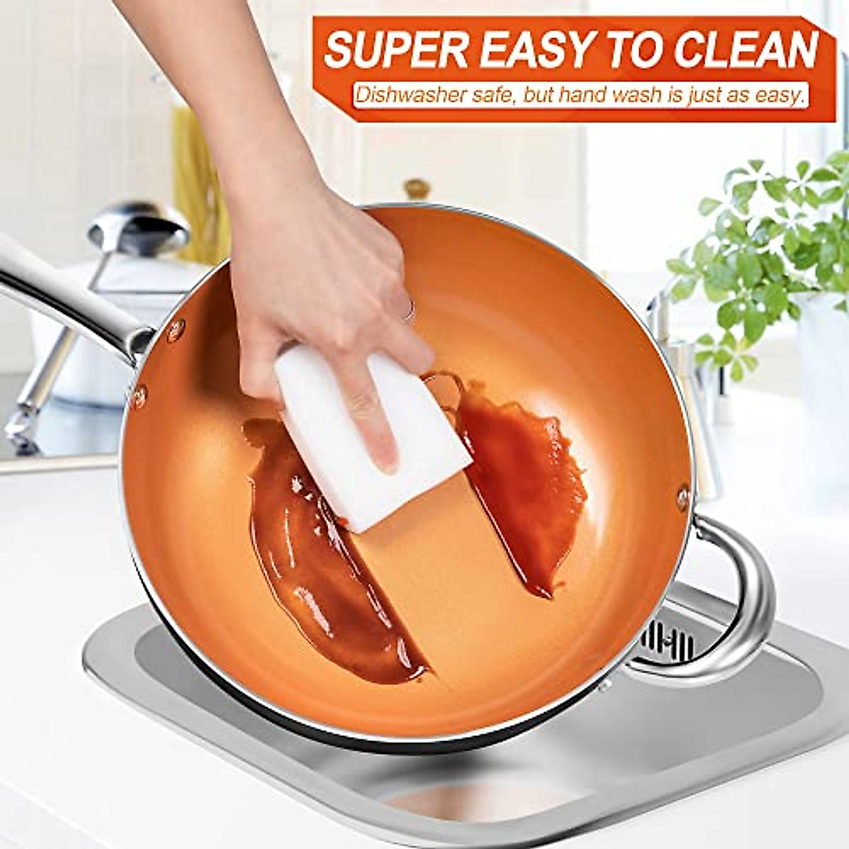 Michelangelo 5 Quart Nonstick Wok Set with Lid, Deep Frying Basket, and Roasting Steaming Rack, Aluminum, Includes All Stovetops Compatible, Non Stick