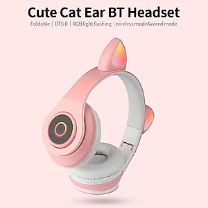 Docooler Cat Ear Headphones, Gaming Headphone with Microphone, Stereo Hi-Fi Soun, Foldable Comfortable, Adjustable Wireless/Wire Over Ear Headset for Girls, Teenagers, Adults, Gaming - Pink