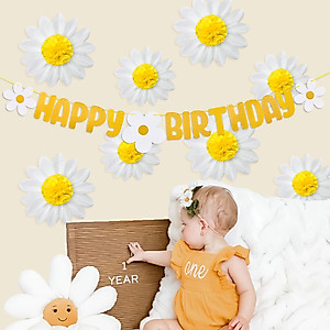Daisy Birthday Decorations Daisy Tissue Pom Poms White Yellow Paper Flowers Wall Hanging Decorations with Daisy Birthday Banner for 1st Birthday Bridal Baby Shower Wedding Classroom Décor