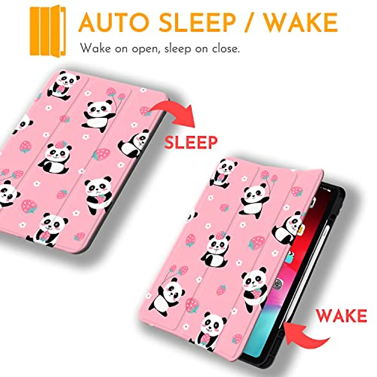 Hepix iPad Pro 12.9 Case 6th Generation 2022 Panda 2021 2020 2018 5th 4th 3rd Gen Cace with Pencil Holder for Kids Cute Strawberry Pink Protective Case Cover Auto Sleep Wake for A2764 A2437 A2766