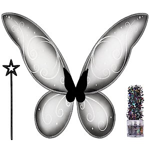 Funcredible Fairy Costume Accessories - Black Fairy Wings and Fairy Star Wand, Glitter - Tooth Fairy Cosplay Outfit for Women and Girls
