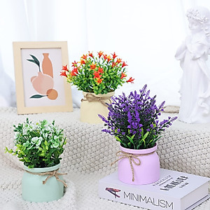 CEWOR Small Artificial Plants, 3 Pack Fake Potted Plants, Small Flowers Artificial Lavender Eucalyptus Boxwood in Plastic Macaron Pots for Home Decor Indoor Outdoor