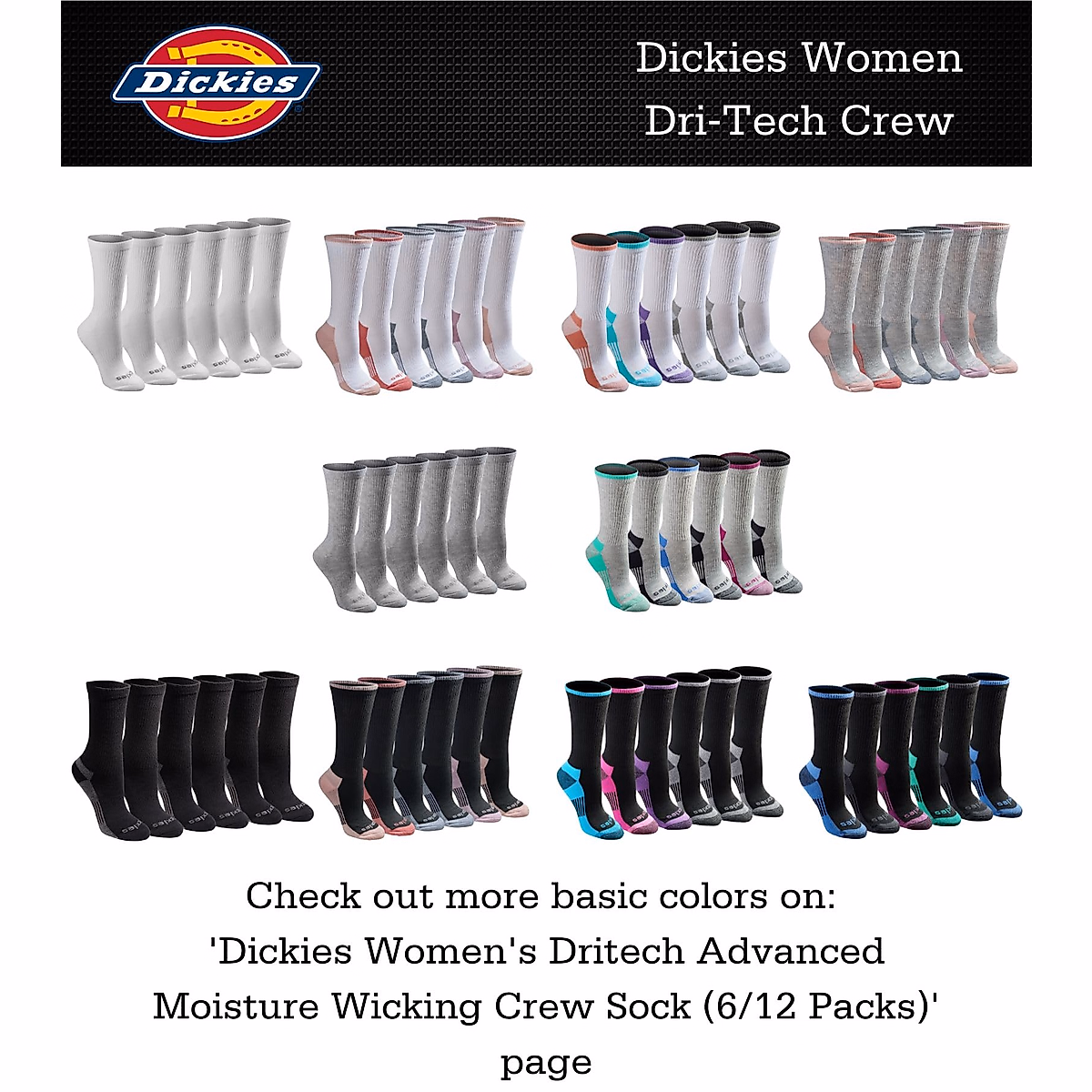 Dickies Women's Dri-Tech Fashion Moisture Control Crew Socks, Available in S-XL (5, 6, 12, Tribal (6 Pairs), Medium