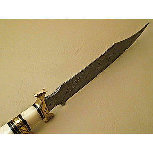 Damascus Steel Hunting Knife - Fixed Blade Knives with Sheath - Firm Grip Handle Made of Camel Bone (White)