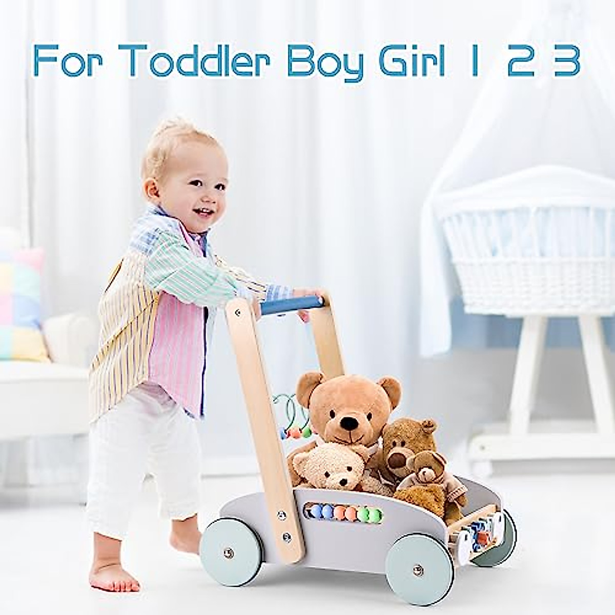 Wooden Baby Walker, Push Toys for Babies Learning to Walk,Shopping Cart for Kids Garden Wagon and Play Set with Abacus Blocks Push and Pull Learning Walking Educational Gift for Toddler Boy Gir 2 3