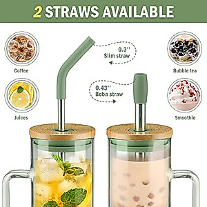 Kodrine Tumbler with Lid and Straw, 20 oz Glass Coffee Tumbler with Handle, Smoothie Cup with Bamboo Lid | Time Marker | Silicone Protective Sleeve, BPA Free - Olive