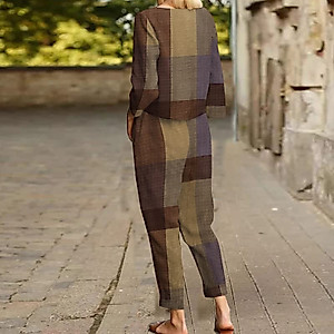 ZANZEA Women Linen Summer Outfit Suit Plaid Print Long Sleeve Drawstring Elastic Waistband Tracksuit Wide Leg Pant Baggy Tops C-Yellow-I60673 4X-Large