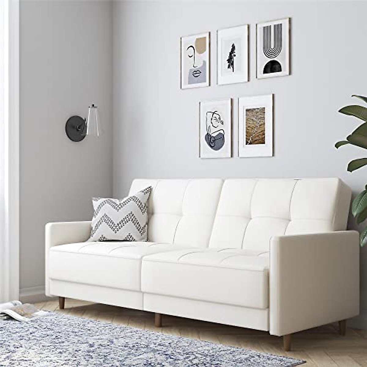 DHP Andora 76 Inch Futon Sofa Bed in Faux Leather, Modern Upholstered Couch Sleeper with Button Tufted Back and Seat, White