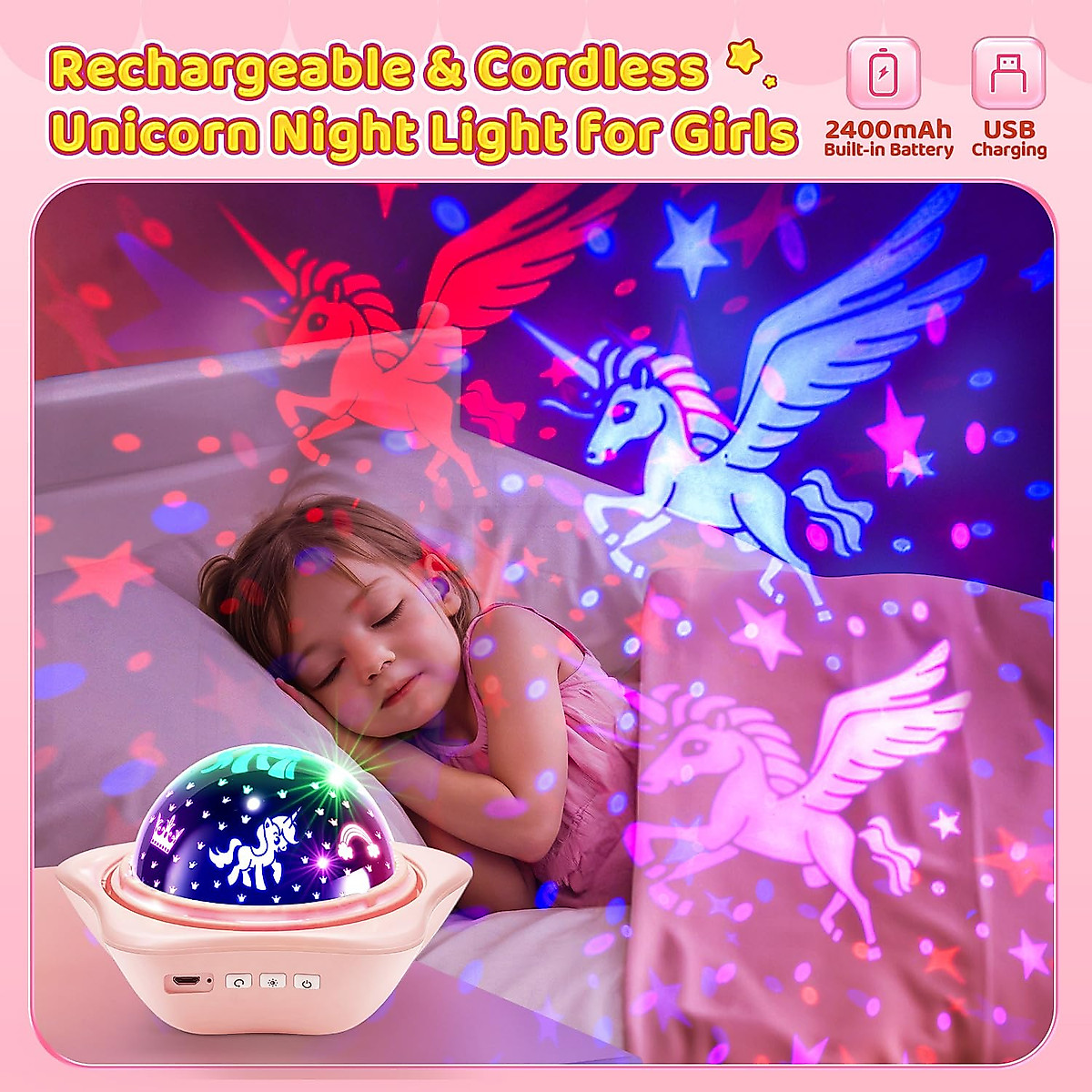 One Fire Unicorns Gifts for Girls Night Light Projector, 6 Films Unicorn Bedroom Decor for Girls, Rechargeable Unicorn Night Light for Girls Bedroom Decor,360° Rotating Mermaid Princess Butterfly Lamp