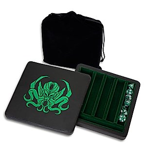 Guarida Dice - 7" Rolling Dice Tray with Strong Magnetic Lid and Rolling Surface - Ample Storage and Case Organizer for All Your Dice and Minis! Perfect for DND or Any Dice RPG Games - Green Cthulhu