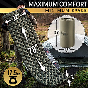 M-Tac Inflatable Camping Mat Ultralight Air Sleeping Pad for Backpacking (Olive, 77" x 24")