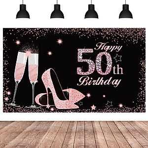 Excelloon Happy 50th Birthday Banner Backdrop Decorations for Women, Rose Gold Happy 50 Year Old Birthday Party Poster Supplies Photo Props, Fifty Birthday Party Decor Sign (6 X 3.6ft)