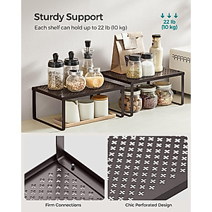 SONGMICS Cabinet Shelf Organizer, Stackable, Expandable, Set of 4 Metal Kitchen Counter Shelves, Brown UKCS06BR