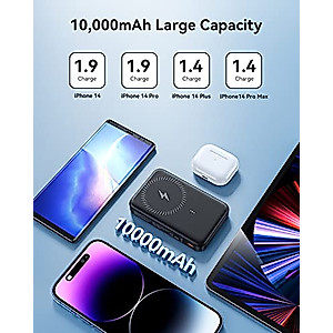 weetla 𝟮𝟬𝟮𝟯 𝗡𝗲𝘄 Magnetic Battery Pack 10000mAh LED Digital Display Foldable Wireless Power Bank with Kickstand USB-C Cable Portable Wireless Charger Power Bank for iPhone 14/13/12 03A (Black)