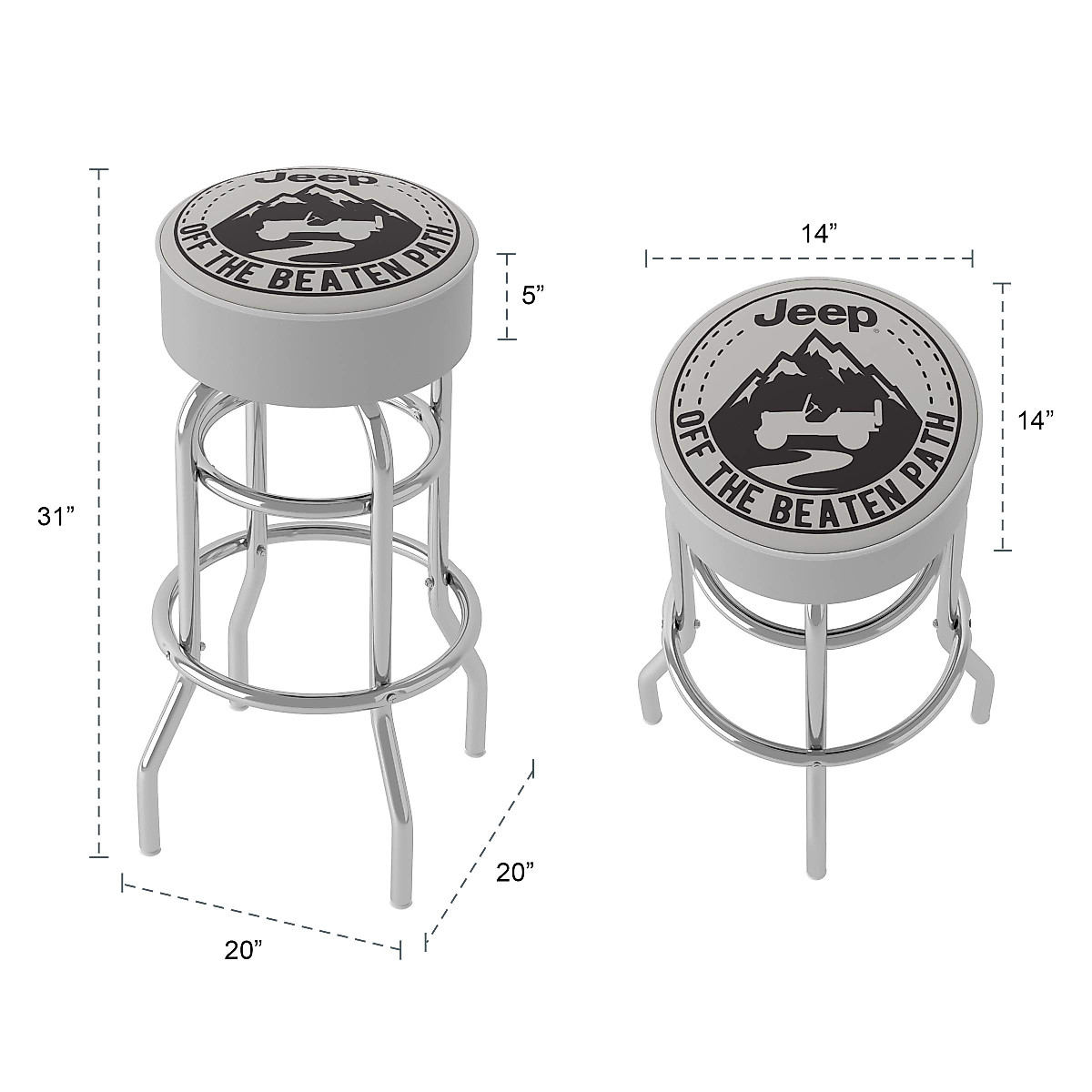 Trademark Global Jeep Black Mountain 360 Degree Swivel Barstool with Foam Padded Seat, Chrome Double Rung Base