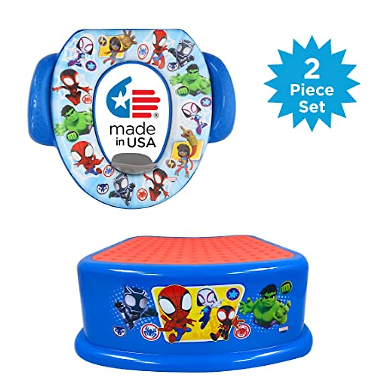 Spidey and His Amazing Friends "Team Up" 2 Piece Essential Potty Training Set - Soft Potty Seat, Step Stool
