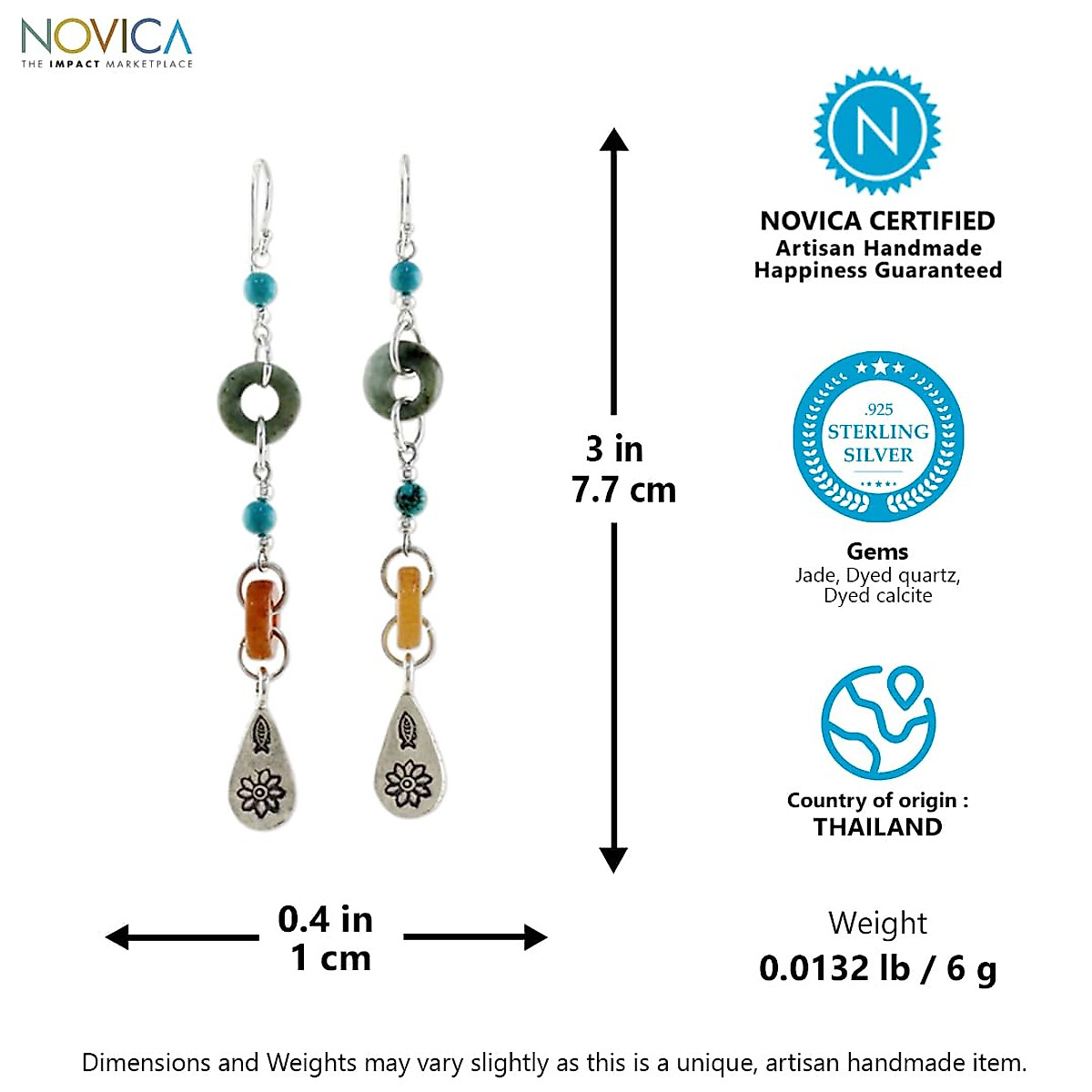 NOVICA Artisan Handcrafted Jade Earrings Silver Dangle | Turquoise Dangle Earrings Sterling Silver | Sterling Silver Beaded Earrings | Fine Sterling Silver Earrings | Multi Gem Earrings For Women