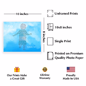 Hey Jude - Beatles Vintage Decor Lyrics Wall Art, This Retro Wall Decor Music Poster Print, is Great For Home Decor, Bedroom Decor, Office Decor, or Man Cave Room Decor Aesthetic, Unframed - 10x8