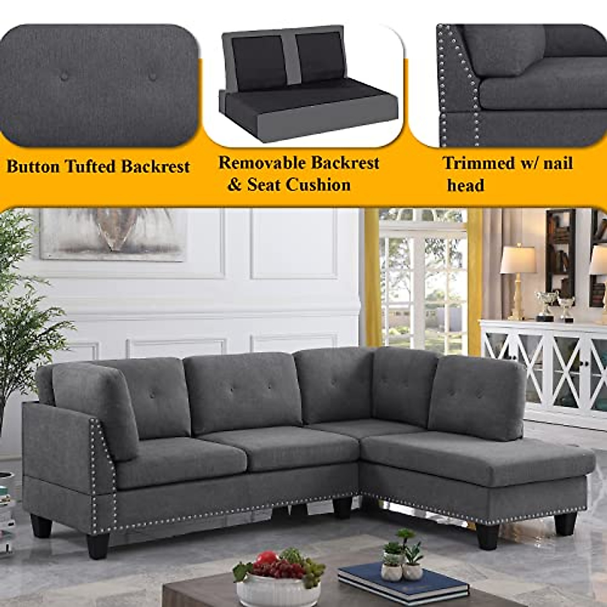 Flesser Small Sectional Sofa with Chaise Lounge Sofa and Convertible Ottoman L Shape Living Room Small Couches 3 Seat Sofa Couch for Home Office, Right Facing Couch in Dark Grey