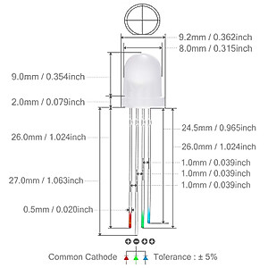 CHANZON 50 pcs 8mm RGB Multicolor Diffused LED Diode Lights Common Cathode(Frosted Round 3 Color) 4 pin Bright Lighting Bulb Lamps Electronics Components Indicator Light Emitting Diodes