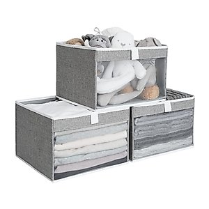 StorageWorks Closet Storage Bins with Clear Window 3 pack, 32L Storage Bins with Lids, Decorative Storage Boxes with Lids and Soft Rope Handles 3 pack