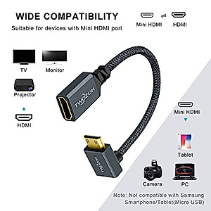 Twozoh Angled Mini HDMI to HDMI Adapter Cable 0.6FT，Nylon Braided Downward Angled 90° Degree Mini HDMI to HDMI Extension Cable Support 3D/4K 1080p