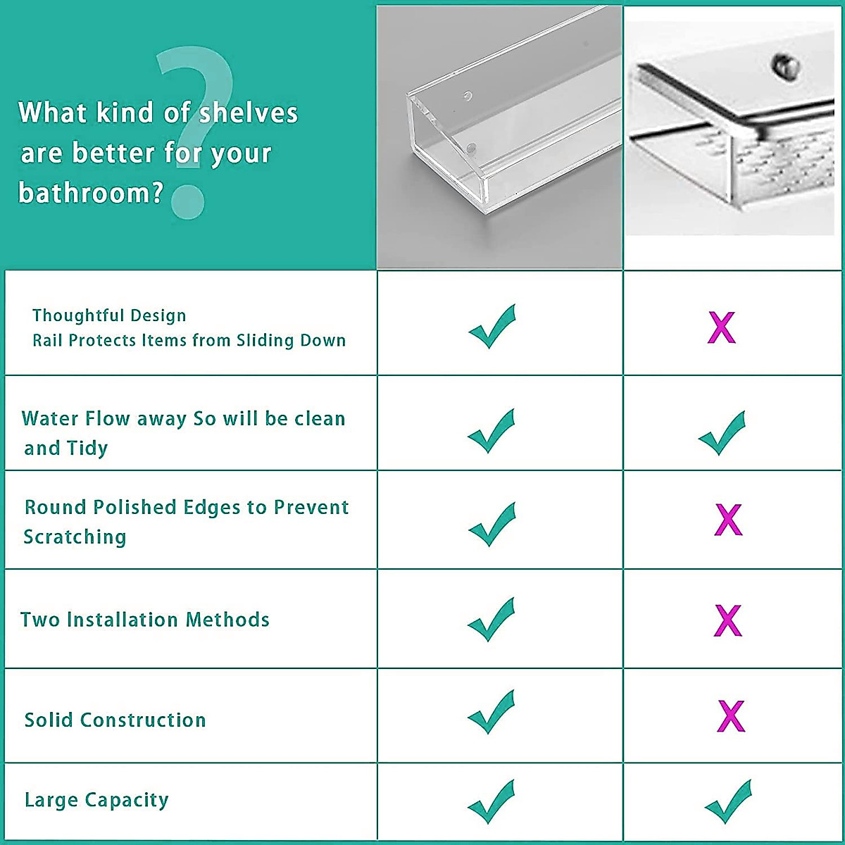 KATASKI 3 Pack Acrylic Bathroom Shelf, Wall Mounted No-Drill Thick Clear Storage and Display Shelf, 15.7inch