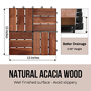 10 PCs Interlocking Wood Deck Tiles 12x12 inches, Waterproof All Weather Tiles for Porch Flooring, Outdoor Patio Wooden Floor Tiles, Balcony Deck, Easy Snap Lock, Walnut