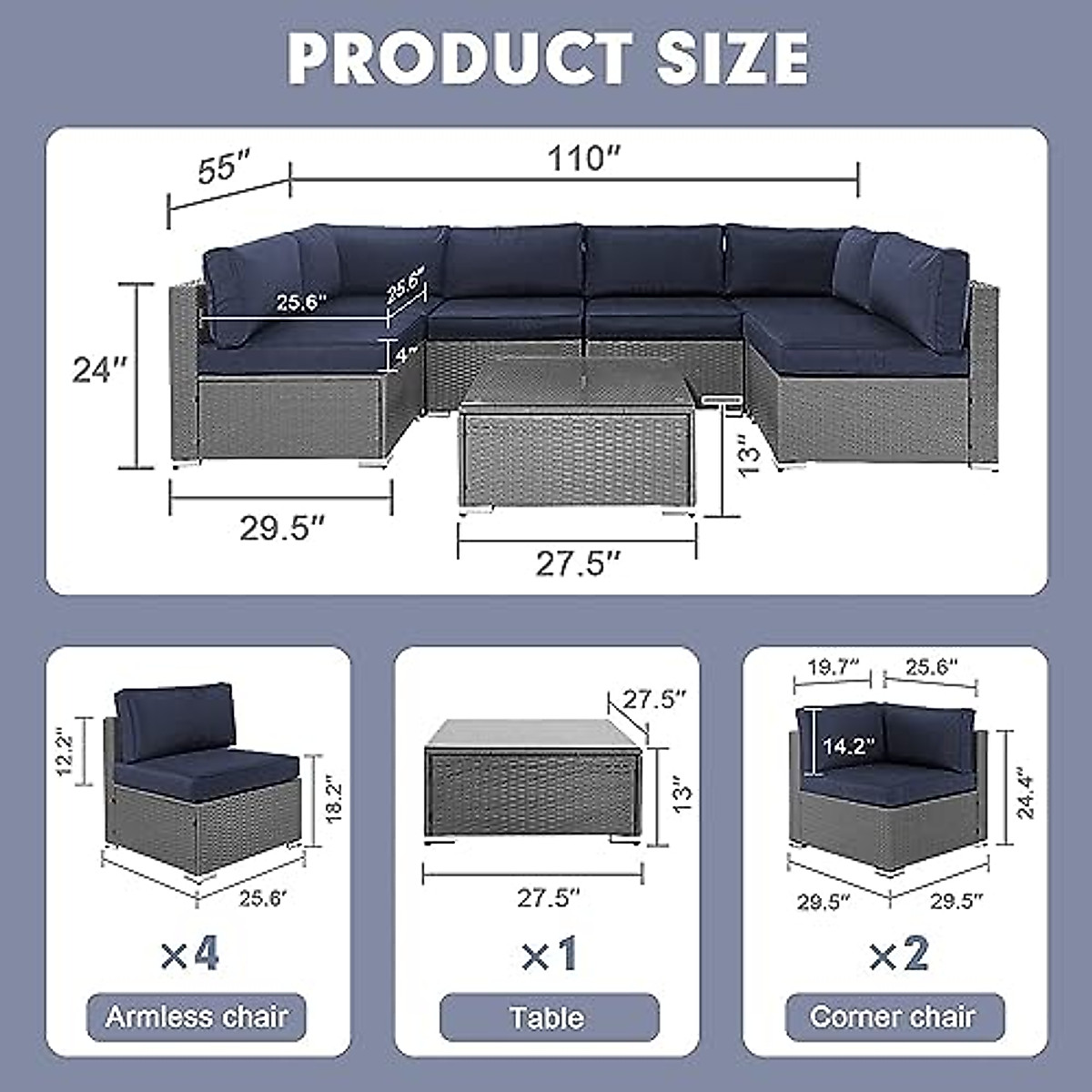 Betterland 7 Piece Outdoor Sectional Sofa Patio Furniture Set, All-Weather PE Grey Wicker Patio Conversation Set with Washable Cushion and Glass Table,Outdoor Propane Heater(Dark Blue Cushions)