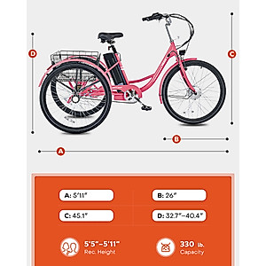 Viribus Electric Trike, 250W Electric Tricycle for Adults with UL 36V 13Ah Battery, 3 Wheel Electric Bike for Men Women Seniors with Basket, Ebike Trike 330lb. 24 26 in Etrike E Trikes Peach