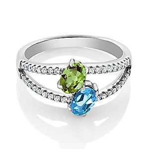 Gem Stone King 1.41 Ct Oval Green Peridot Swiss Blue Topaz 2 Stone 925 Sterling Silver Ring (Size 8)