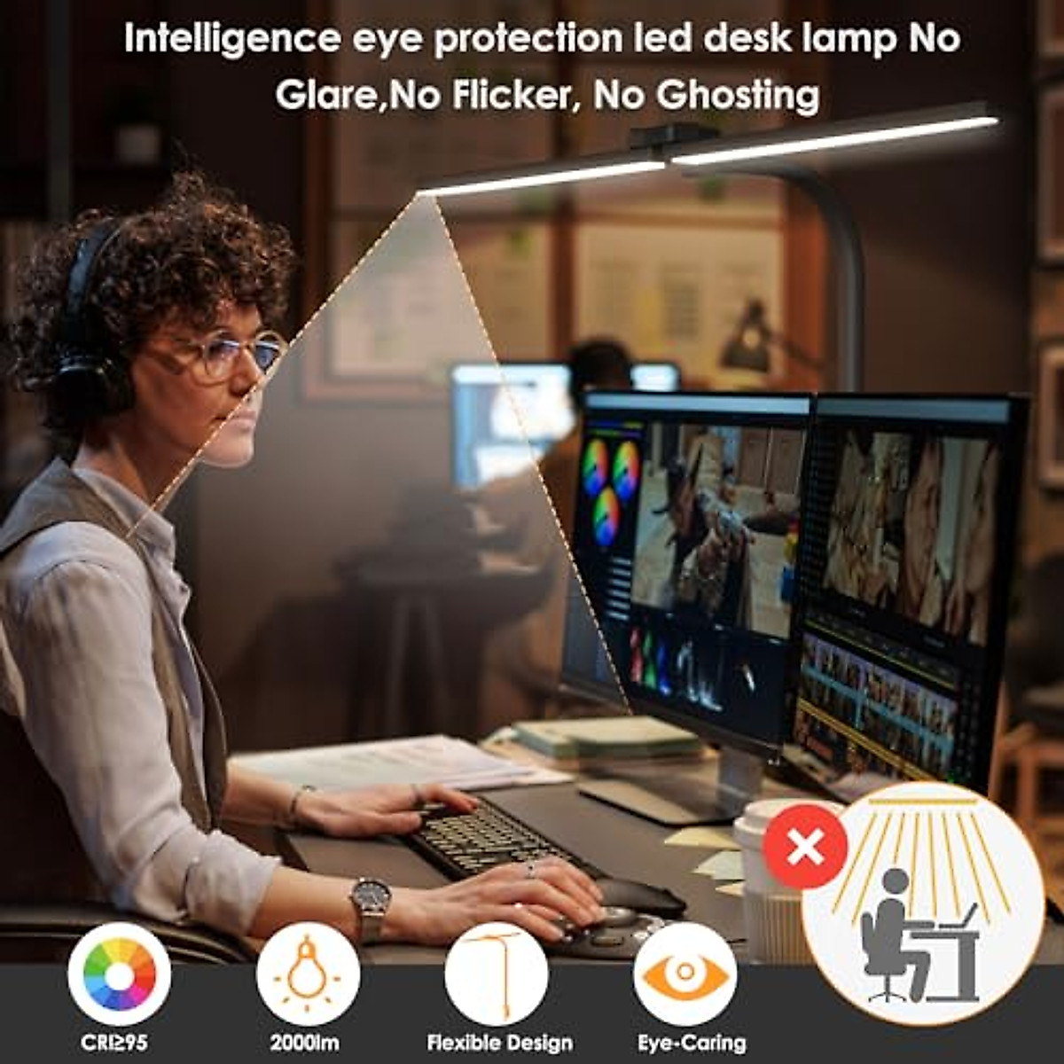 Jeagop LED Desk Lamp for Home Office, 24W Double Head Architect Desk Lamp with Clamp, Remote Control, Adjustable Gooseneck, Stepless Dimming and Tempering Desk Light for Reading Study Drafting