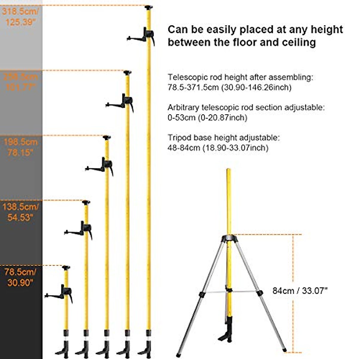 Huepar 12 Ft./3.7m Telescoping Pole with 1/4-Inch by 20-Inch Laser Mount for Rotary and Line Laser Level, Adjustable Telescoping Pole with Tripod - 5/8"-11 Adapter Nut Included LP36