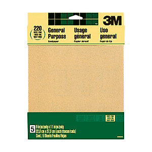 3M Sandpaper, 220 Grit, 5 Sheets, 9 in x 11 in, Sands Paint, Wood & Metal, Great For General Purpose Sanding, Very Fine Aluminum Oxide Sand Paper (9000NA-20)