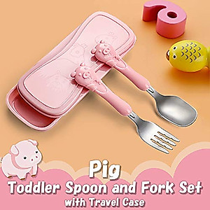 Toddler Utensils Kids Spoon and Fork Set 18/8 Stainless Steel Silverware BPA Free Cute Pig Child Flatware with Travel Case for Age 3+