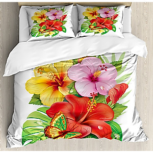 Ambesonne Hawaiian Duvet Cover Set, Bouquet of Colorful Hibiscus Flowers a Butterfly Blooming Plumeria Petals, Decorative 3 Piece Bedding Set with 2 Pillow Shams, Queen Size, Pink Yellow