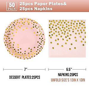 CENLBJ Pink and Gold Paper Plates & Napkins - 50 Pack - 25 * 7in Plates & 25 * 6.5in Napkins - Party Supplies for Birthdays, Receptions & All Occasions