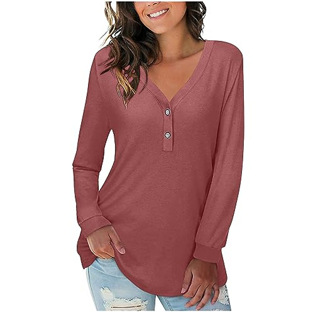 Long Sleeve T Shirts for Women Solid Novelty Henley Neck V-Neck Pink Tops Fall Cotton Blouse Loungewear Tees Shirts Collar Sweatshirts Trendy Blusas De Mujer Elegantes Watermelon Red L