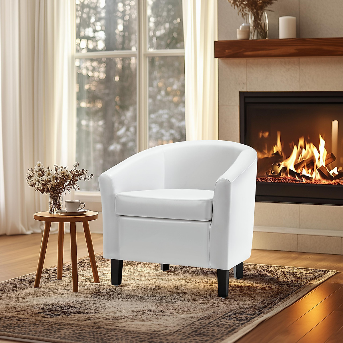 Topeakmart Faux Leather Club Chair, Modern Accent Chair and Cozy Barrel Chair with Sturdy Wood Legs for Living Room Bedroom Reception Room, White