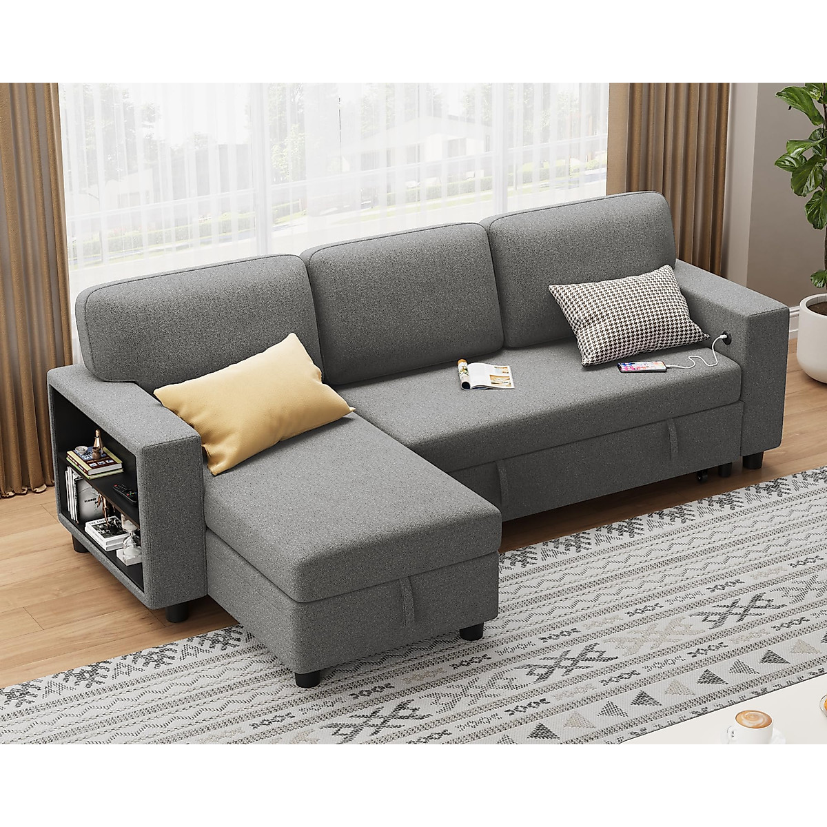 Flamaker 80" Sleeper Sofa, Sofa Bed with Built-in Large Storage and 2 Bookshelves, Convertible Sectional Sofa Couch, Pull Out Couch with USB, Modern Couches for Living Room (Fabric, Grey)
