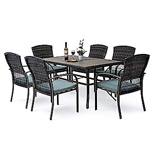 Pamapic Patio Dining Table Set, Garden Dining Set 7 Piece, Outdoor Wicker Furniture Set for Backyard Garden Deck Poolside/Iron Slats Table Top, Removable Cushions(Green)